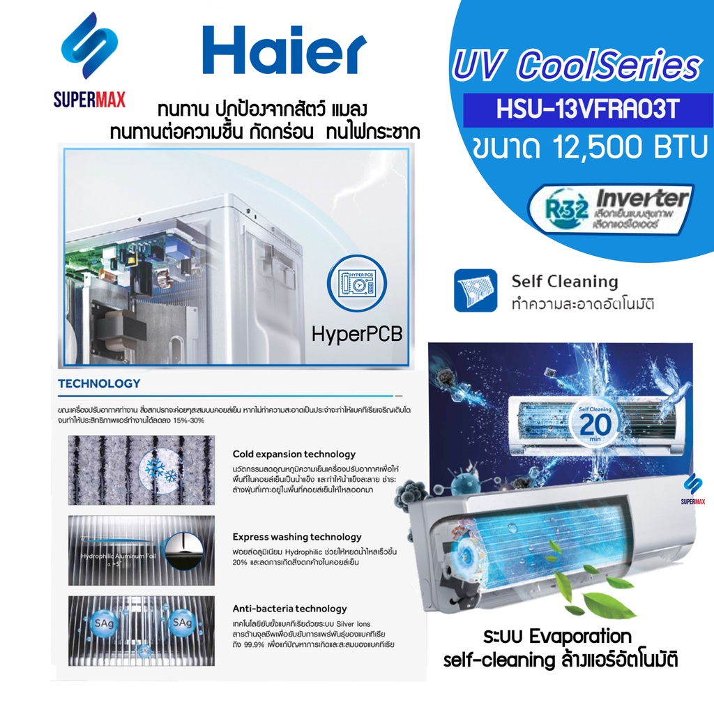 Haier แอร์ติดผนังระบบ Inverter +UV Cool +ฟอกอากาศ+WIFI ขนาด 12,500 BTU รุ่น HSU-13VFRA03Tรับ ...