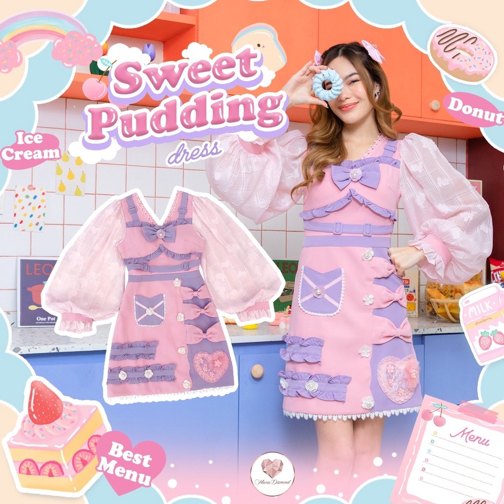 Sweet Pudding Dress เดรสแขนยาวชมพูม่วงดีเทลสุน่ารัก ตัวนี้บอกเลยว่า ...