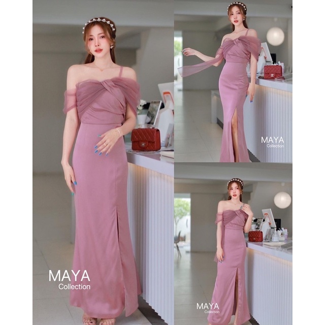G077 เดรสไปงาน s m l xl ชุดเดรสเปิดไหลแต่งระบายผ้า korea satin | Shopee ...
