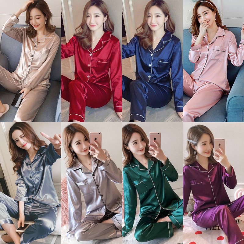 B112 Beyou fashions ชุดนอนซาตินขายาว สีพื้น ชาย-หญิง M-2XL มี 10 สี | Shopee Thailand