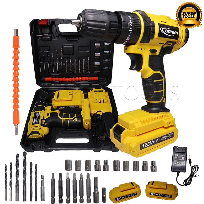 NEW BONYAสว่านไร้สาย 128V 3ระบบ ของแท้ 100% เจาะไม้ เหล็ก คอนกรีต ขันน็อตสกรูได้แถมฟรี 28 ชิ้น ...