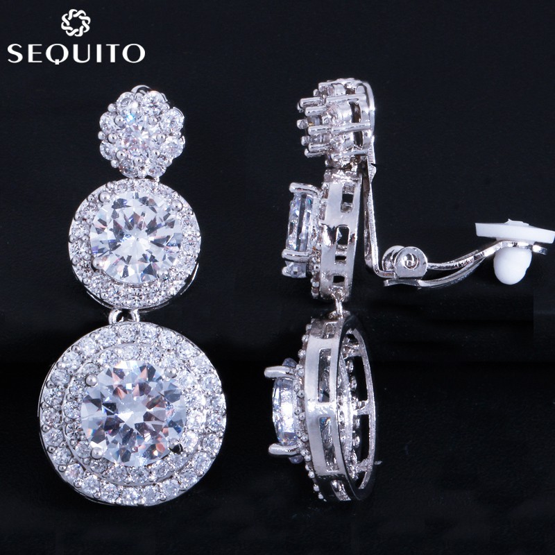 SEQUITO รอบ Drop แฟชั่นงานแต่งงานคลิปหูเครื่องประดับ CZ คริสตัลไม่มีรู ...