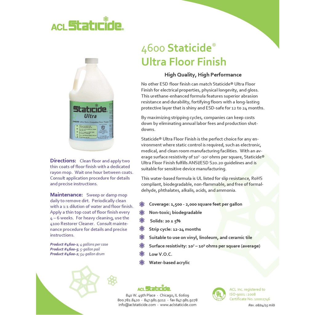 น้ำยาเคลือบพื้นป้องกันไฟฟ้าสถิตย์ Staticide Ultra ACL-4600 #ปานสวนทิพย์ ...