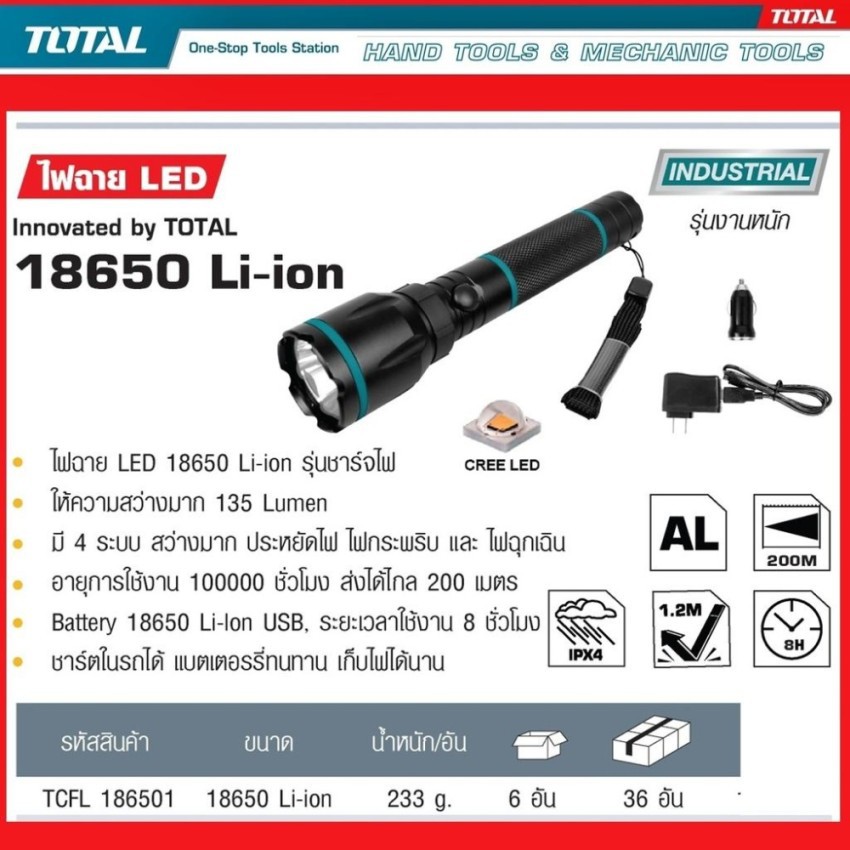 Total Hand Tool / Heavy Duty Flashlight Model TCFL-186501 โททัลไฟฉาย ...