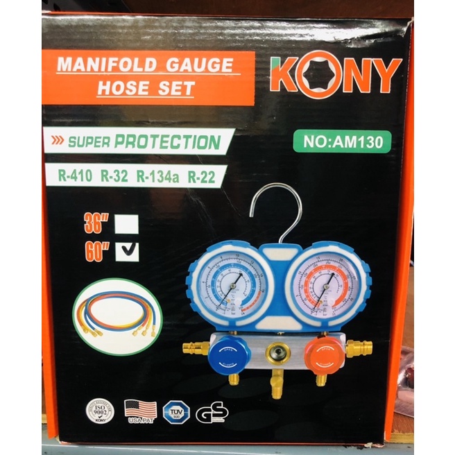 ชุดเกจวัดน้ำยาแอร์ R22, R134A, R32, R410 สาย 60 นิ้ว ยี่ห้อ KONY พร้อมสายชาร์จน้ำยาแอร์ 3 เส้น ...