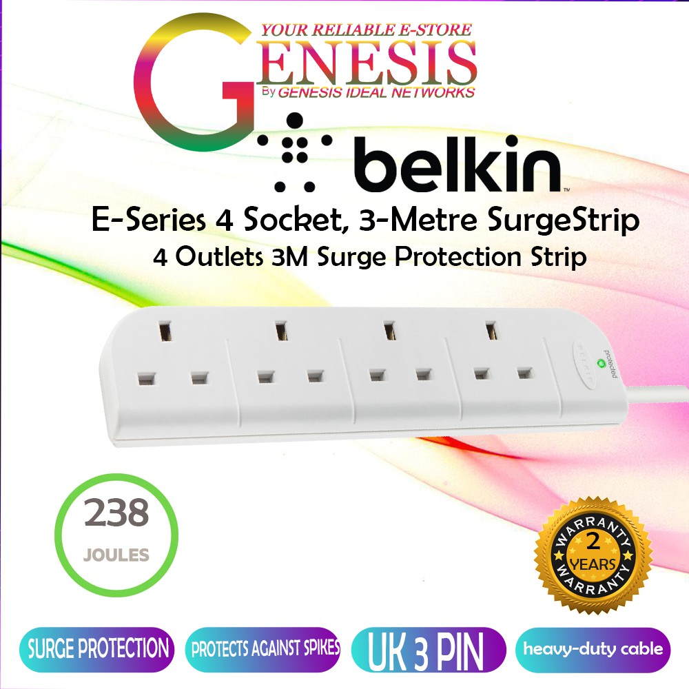 Belkin 4-PLUGS F9E400SA3M EXTENSION SURGE PROTECTOR SOCKET 3M- UK PIN ...