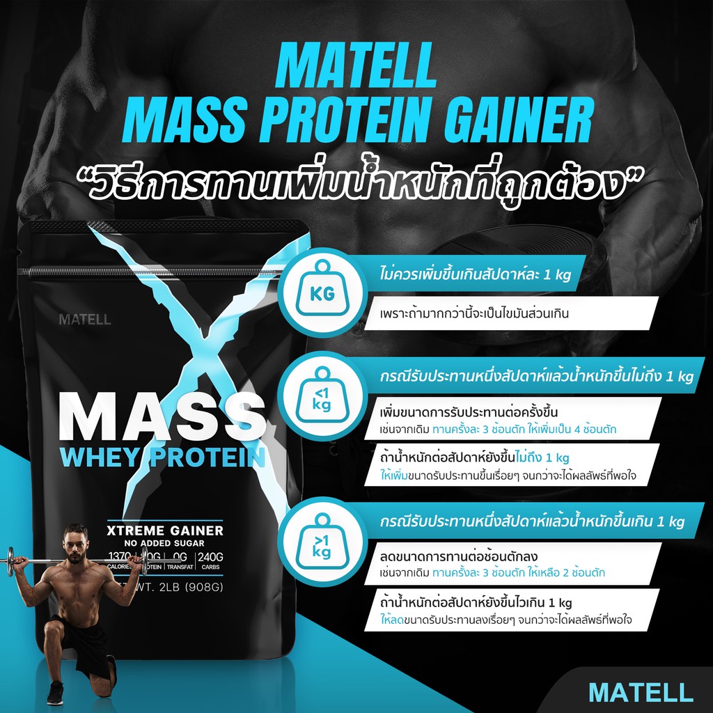 MATELL Mass Whey Protein Gainer 2 lb แมส เวย์ โปรตีน 908กรัม เพิ่ม ...