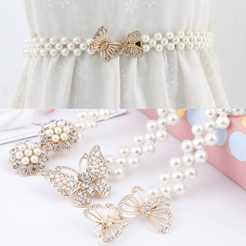 Fashion Pearl Belts For Women Dresses Elastic Buckle Ladies Belt Flower ...