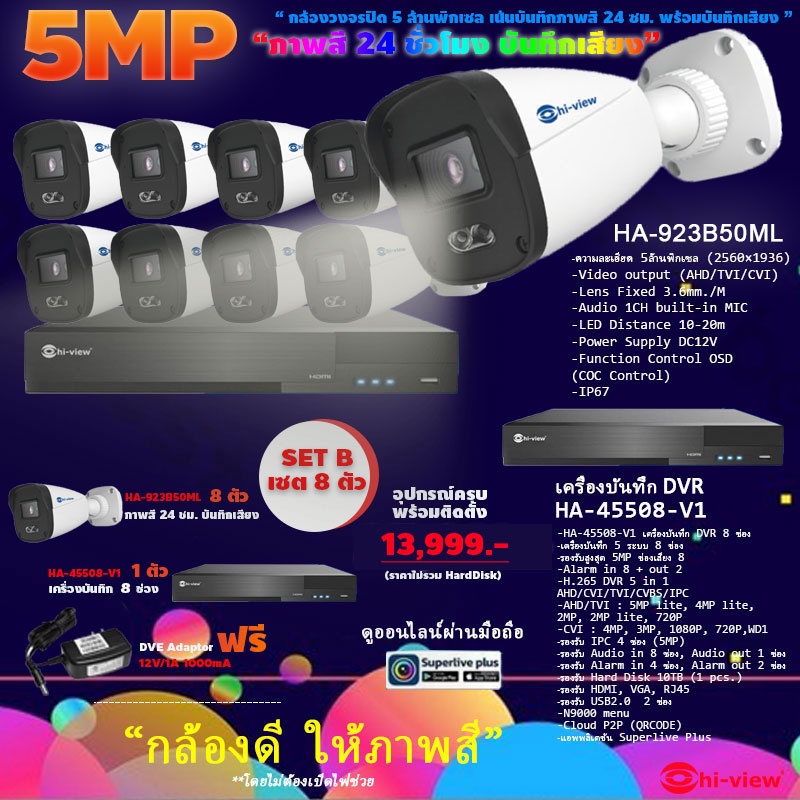 Hi-view กล้องวงจรปิดคมชัด 5 ล้านพิกเซล ภาพสี 24 ชั่วโมง บันทึกเสียง HA ...