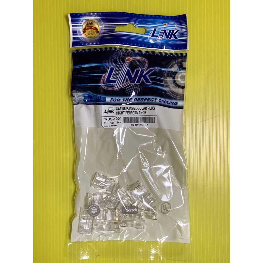 หัวแลน NETWORK LAN CAT 5E LINK US-1001 PACK10Each. RJ45 MODULAR PLUG HIGHT PERFORMANCE CABLING ...