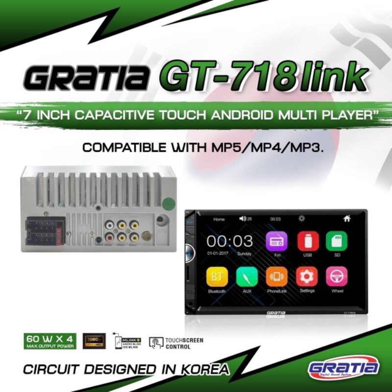 GRATIA จอ2DIN มิลเลอร์ลิ้งค์ ขนาด7นิ้ว GT-718linkตัวรับสัญญาณแบบเสตอริโอ จอคาปาซิทีป สัมผัสไว ...