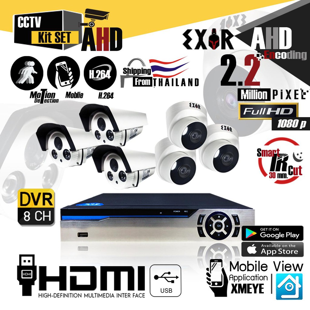 ชุดกล้องวงจรปิด CCTV 8CH AHD Kit Set 2.2mp Full HD 1080P กล้อง 6 ตัว ...