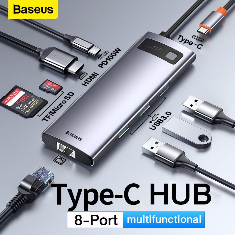 ⚡️ลดราคา Baseus 8in1 อะแดปเตอร์ Type C HUB อุปกรณ์เสริมคอมพิวเตอร์ อุปกรณ์เชื่อมต่อ 8in1 HDMI TF ...