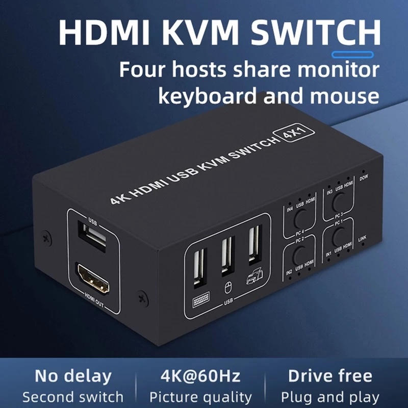 กล่องสวิตช์ HDMI KVM 4K 60Hz HDMI USB KVM เข้า 4 ออก 1 พร้อมตัวควบคุม ...
