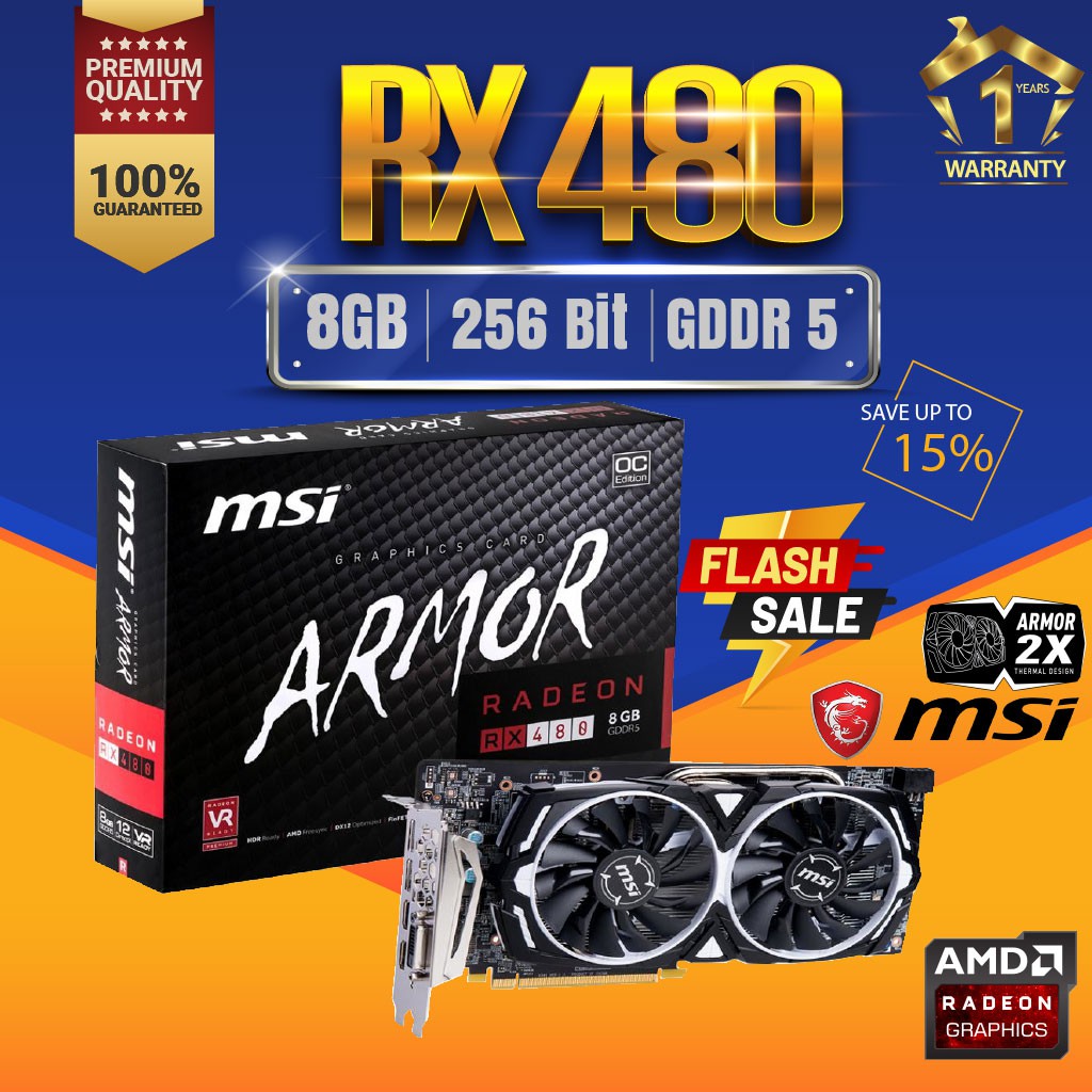 การ์ดจอ(VGA) RX 480 8GB Msi Armor 2x GDDR5 256 BIT | Shopee Thailand