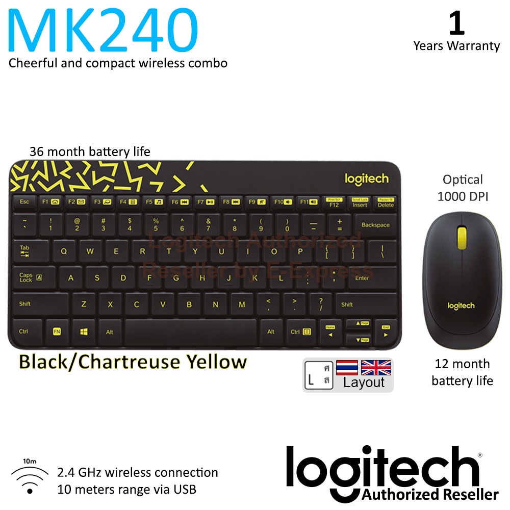 Logitech Wireless Keyboard and Mouse รุ่น MK240 Nano สีดำ แป้นTH/EN ของแท้ ประกันศูนย์ 3ปี เมาส์ ...