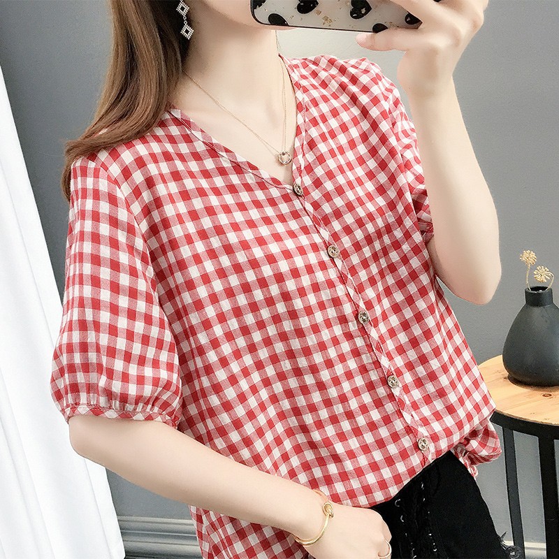 Monday 2020 เสื้อคอวีแขนตุ๊กตาลายตารางใส่สบายๆ มี4สีให้เลือกงานดีสีสวย ...