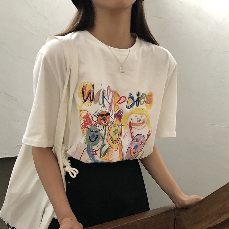 【WANG JIAO ZHAN】 เกาหลีหลวมแขนสั้นป่าพิมพ์เสื้อยืด【970】 | Shopee Thailand