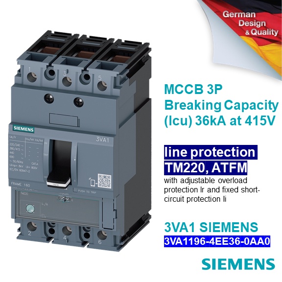 MCCB Siemens รุ่น 3VA1 3P - พิกัดกระแส 16A-160A - Icu up to 36kA at 415V line protection TM220 ...