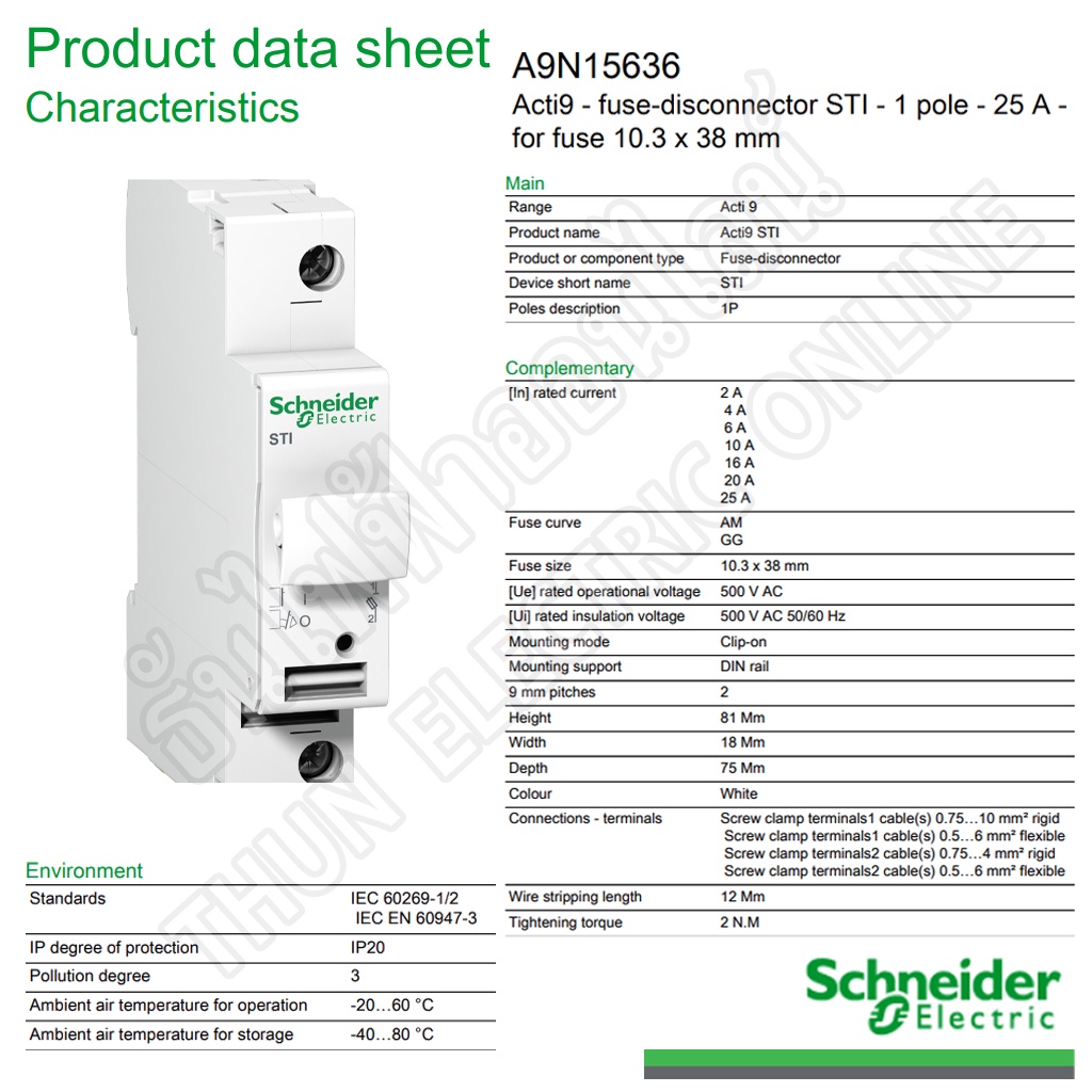 Schneider ฐานฟิวส์ AC ( Fuse Holder) รุ่น A9N15636 ACTI9 STI 1P FUSE 10x38 MM 500V ตลับฟิวส์ ...