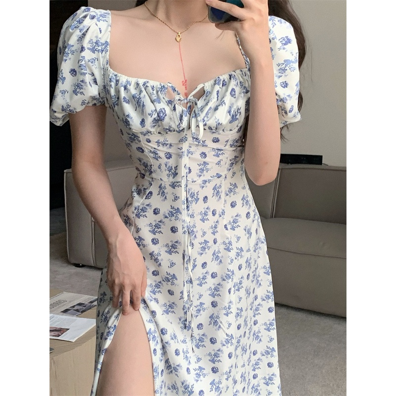 Luna shop🍑เดรสผู้หญิงเดรส🍄ชุดเดรสลายดอกไม้สีน้ำเงินสไตล์ฝรั่งเศสสำหรับ ...