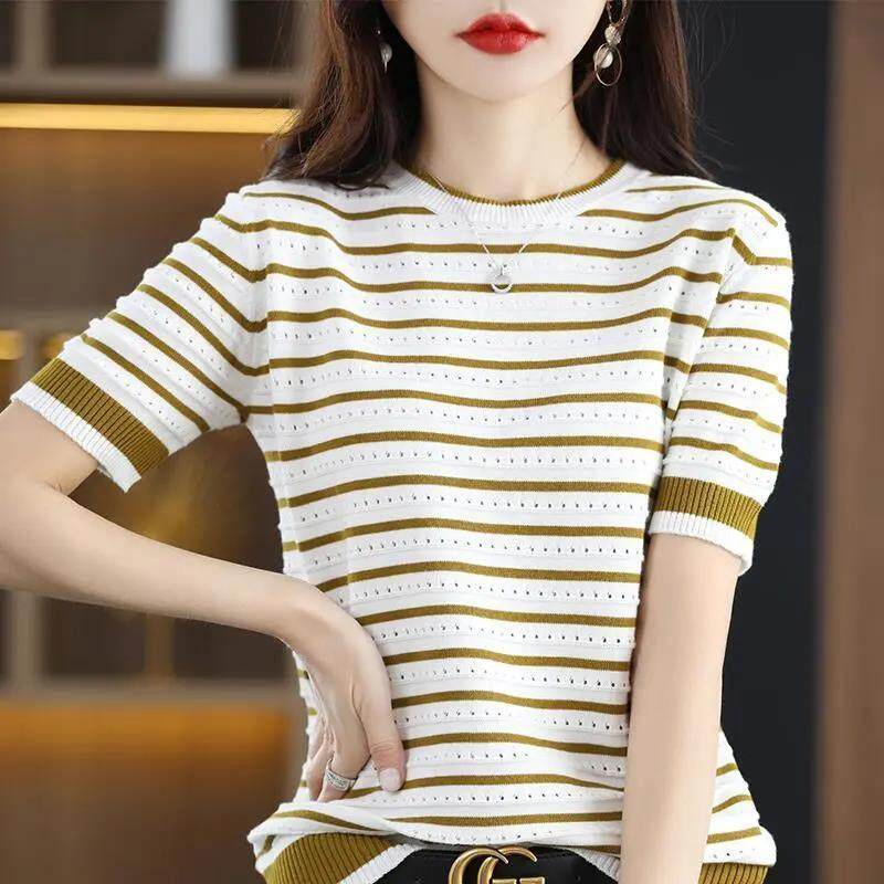 เสื้อยืดลําลอง คอกลม แขนสั้น ทรงหลวม ลายทาง แฟชั่นฤดูร้อน สไตล์เกาหลี ...