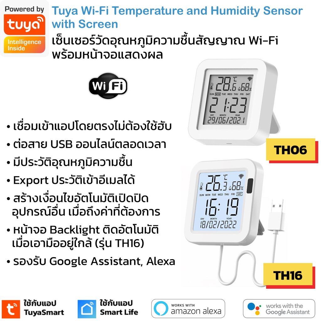 Tuya เซ็นเซอร์วัดอุณหภูมิและความชื้น Wi-Fi (TH06,TH16) เสียบปลั๊กพร้อม ...
