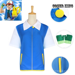 Pokémon Ash Ketchum Kids Cosplay Costumeเสื้อสีฟ้าถุงมือ Ash Ketchum ...