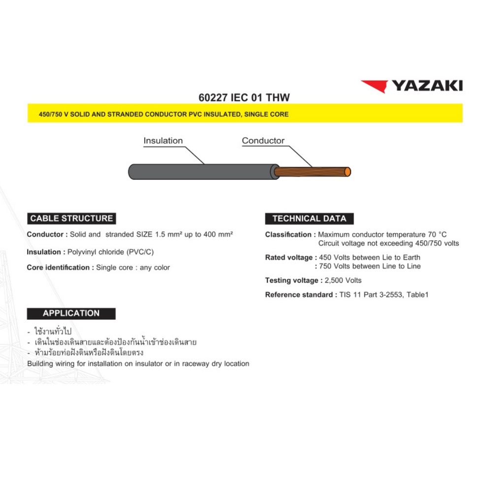 YAZAKI สายไฟ THW (IEC01) 1.5 sqmm. (100m/ม้วน) 450/750 V 70°C Solid and stranded conductor pvc ...
