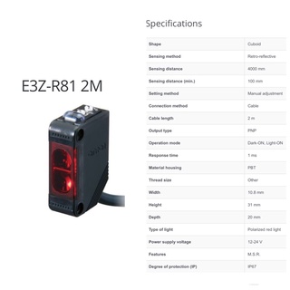 เซ็นเซอร์E3Z-R81 2M เซ็นเซอร์ โฟโต้ เป็นเซ็น จับวัตถุทุกชนิด ชนิดPNP-NO ...