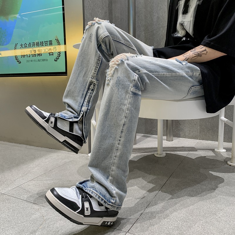 ล ้ าง Ripped Slit กางเกงยีนส ์ ผู ้ ชาย Harajuku สไตล ์ ins Hip-Hop หลวมตรงขากว ้ าง Trou ...