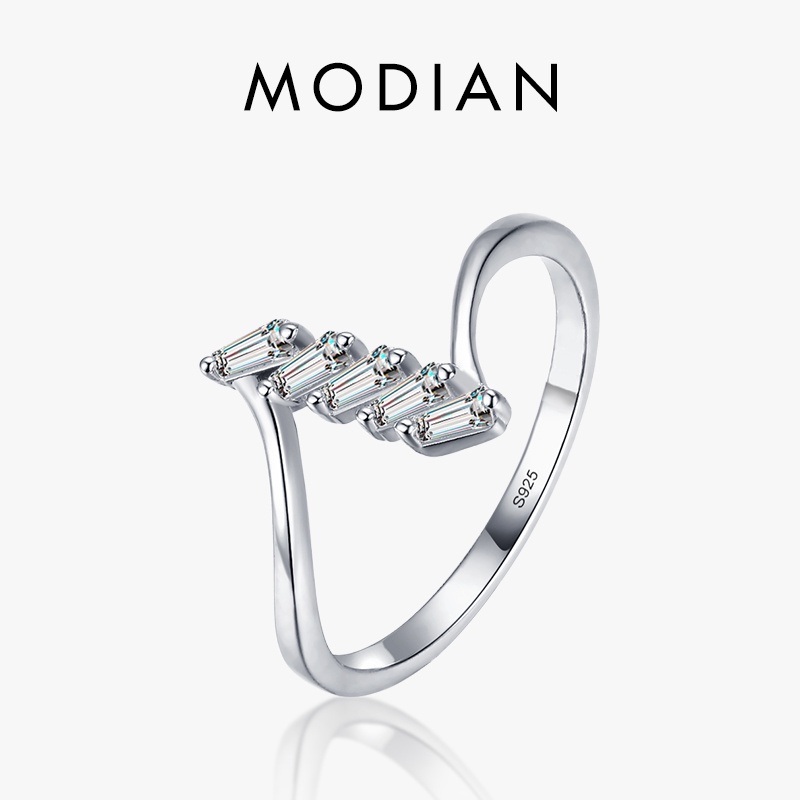 Modian ของแท้ 925 เงินสเตอร์ลิง Wave Trapezoid Clear CZ แหวนนิ้วมือผู้หญิง Minimalist Fine ...