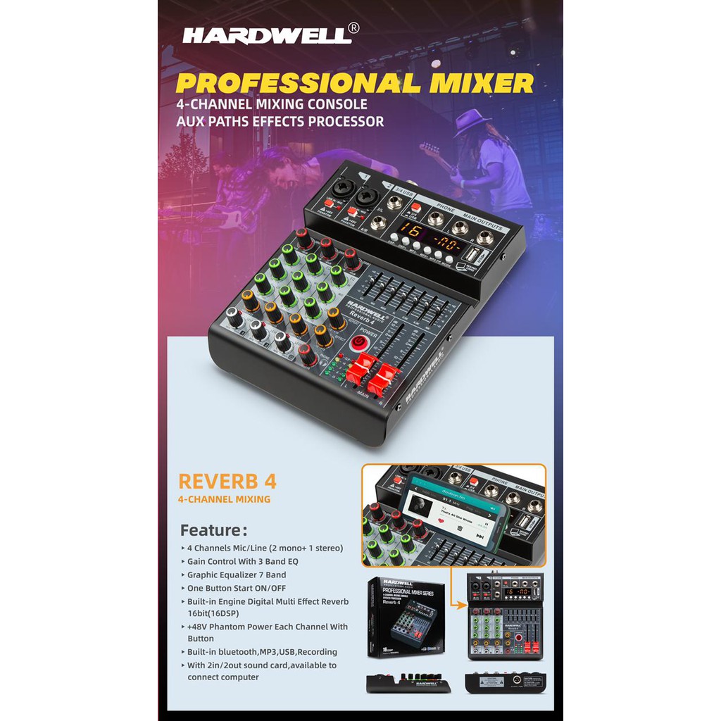 เครื่องมิกเซอร์ 4 ช่อง Hardwell Reverb 4-Channel Reverb4 ซาวด์การ์ด USB อินเตอร์เฟซเสียงบลูทูธ ...