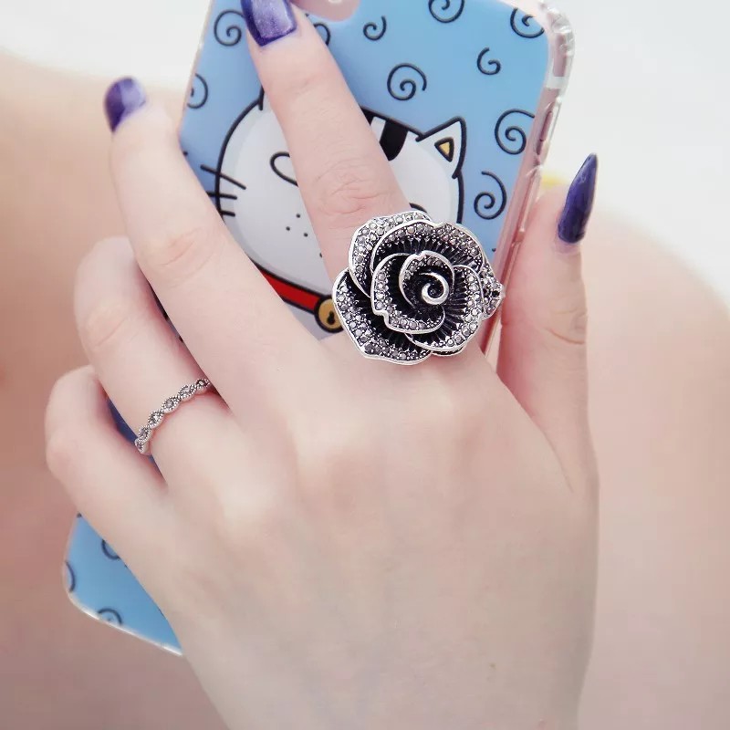 Sinleery แหวนแต่งงาน ประดับคริสตัล รูปดอกกุหลาบ สีดํา ขนาดใหญ่ สไตล์วินเทจ โบราณ สีเงิน สําหรับ ...