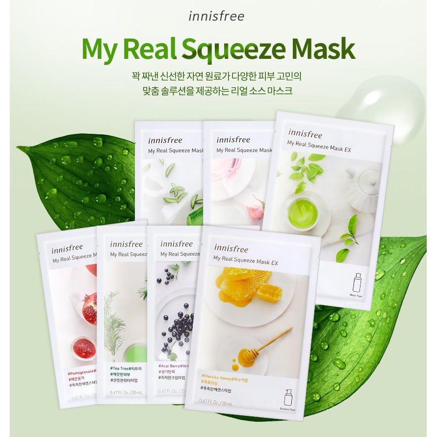(ฉลากไทยพร้อมส่ง) มาสก์หน้า Innisfree แผ่นมาสก์หน้า My Real Squeeze Mask EX 20ml 9 สูตร | Shopee ...