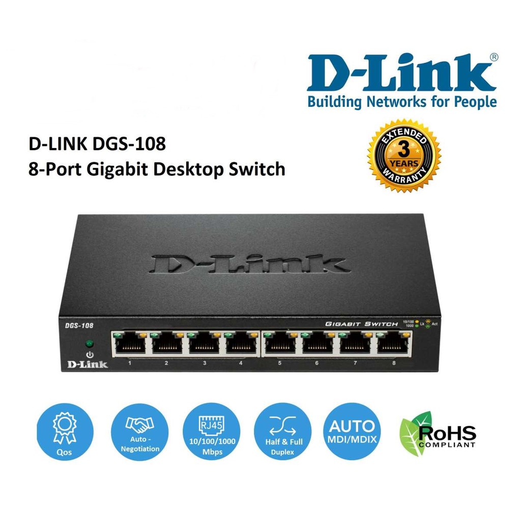 สวิตซ์ฮับ D-LINK (DGS-108) (DGS-108GL) 8 Port Gigabit Switching Hub 10 ...