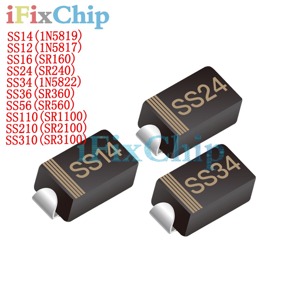 ไดโอดชอทท์กี้ 1N5819 1A 40V DO-214AC SS14 SS12 SS16 SS24 SS34 SS36 SS56 SS110 SS210 SS310 1N5817 ...
