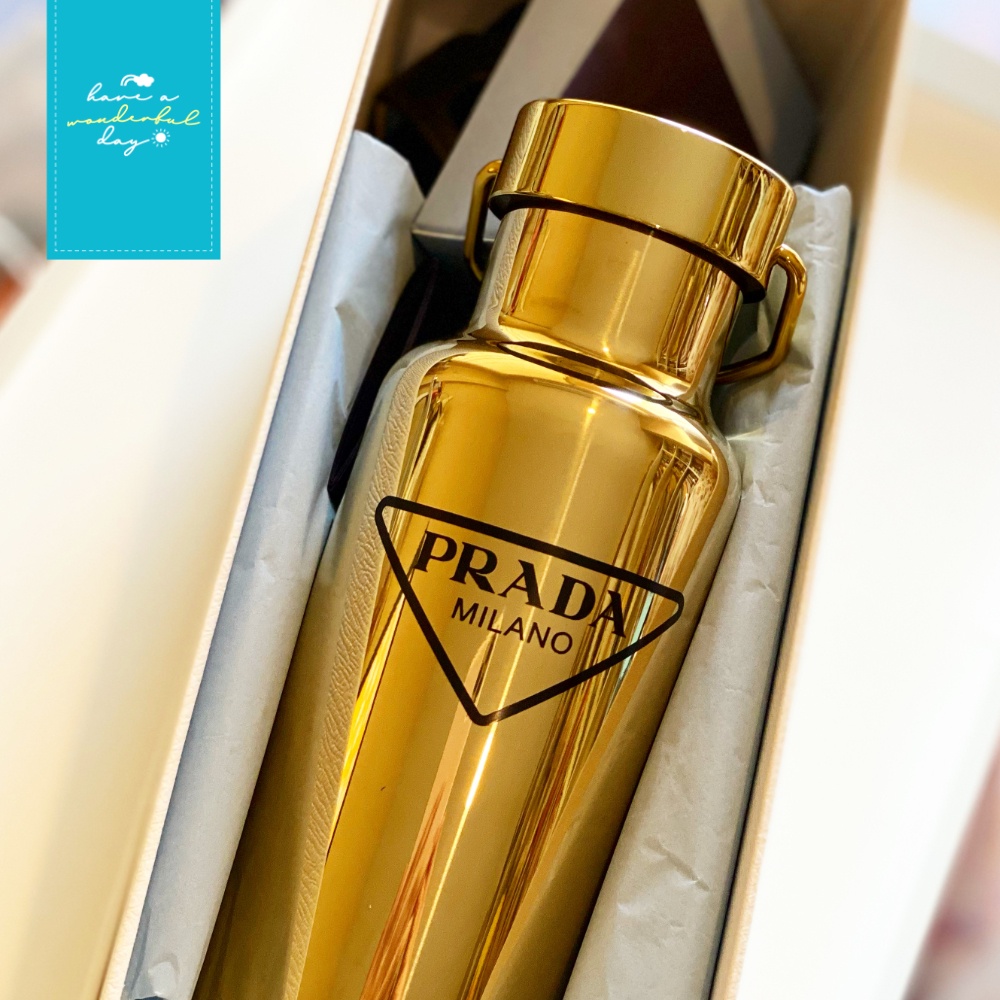 PRADA : Stainless steel water bottle ขนาด 500 ml สีทองอร่าม ของแท้ พร้อมส่ง พร้อมการ์ด พร้อม ...