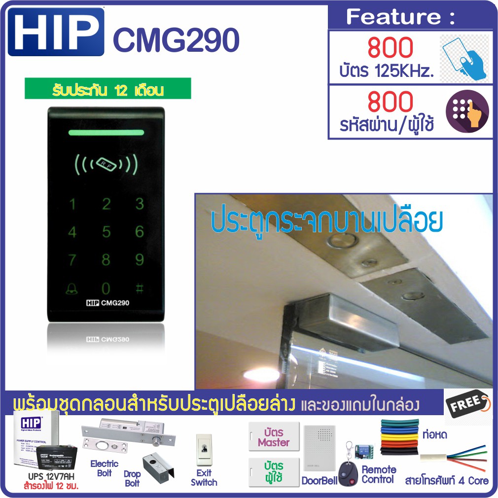 HIP CMG290 ทาบบัตรคีย์การ์ด กดรหัสเปิดประตู พร้อมชุดกลอนสำหรับประตูกระจกบานเปลือยบน-ล่าง ...