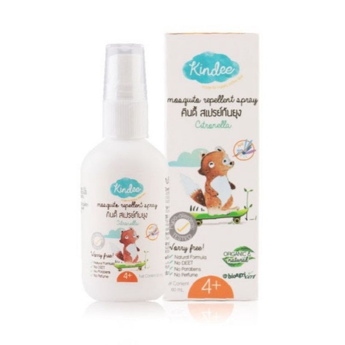 Kindee สเปรย์กันยุงเด็ก คินดี้ อายุ 4+ขวบขึ้นไป ออร์แกนิค กลิ่นตะไคร้หอม ขนาด 60ml.#สินค้าพร้อม ...