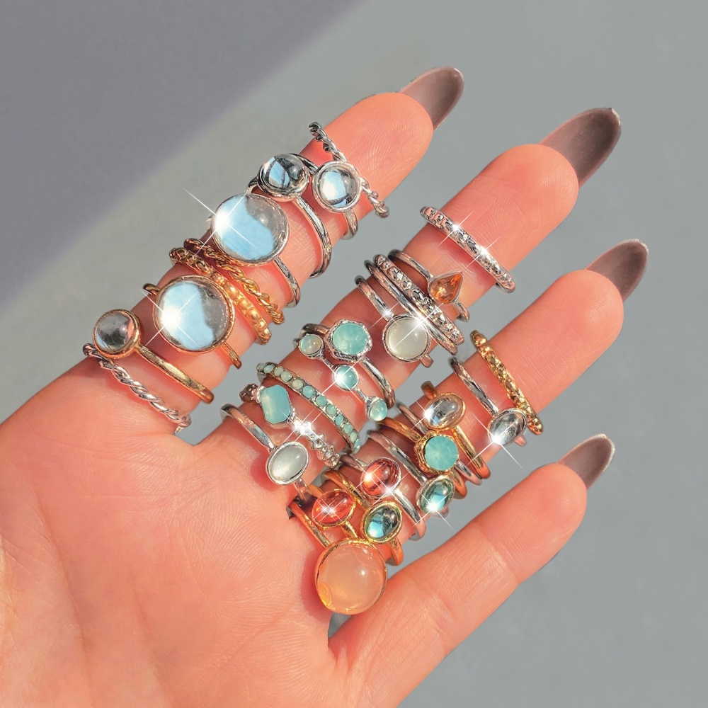 8pcs/set Vintage Colorful Stone Metallic Chain Trendy Geometry Hit Rings Set for Women Girls ...
