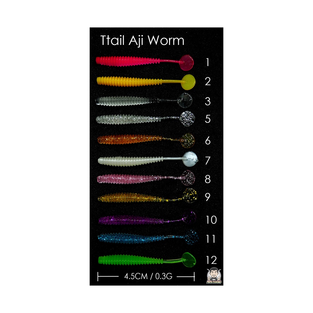 T-Tail Aji Worm หนอนอจิ 4.5 เซน 12 ตัว หนอนยาง ทรงเบสิคยาวหางโบก หนอน อจิ slj ajing aji worm ...