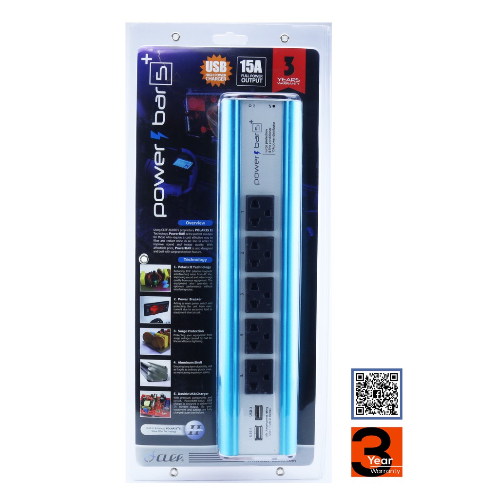Clef Powerbar 5+ USB charger ปลั๊กราง กรองไฟ กันฟ้าผ่า ไฟกระชากแบบ 5 ...