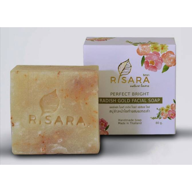 RISARA สบู่สมุนไพรไทย ไชเท้าผสมผงทองคำ (+แตงกวา+ทานาคา+ผงทองคำ ...