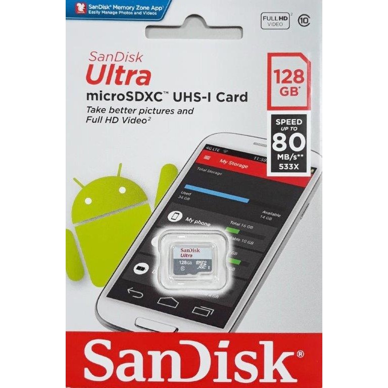 SanDisk Ultra 128GB Micro SD Memory Card 80MB/s Class 10 UHS-I 533x microSDXC (SDSQUNS-128G ...