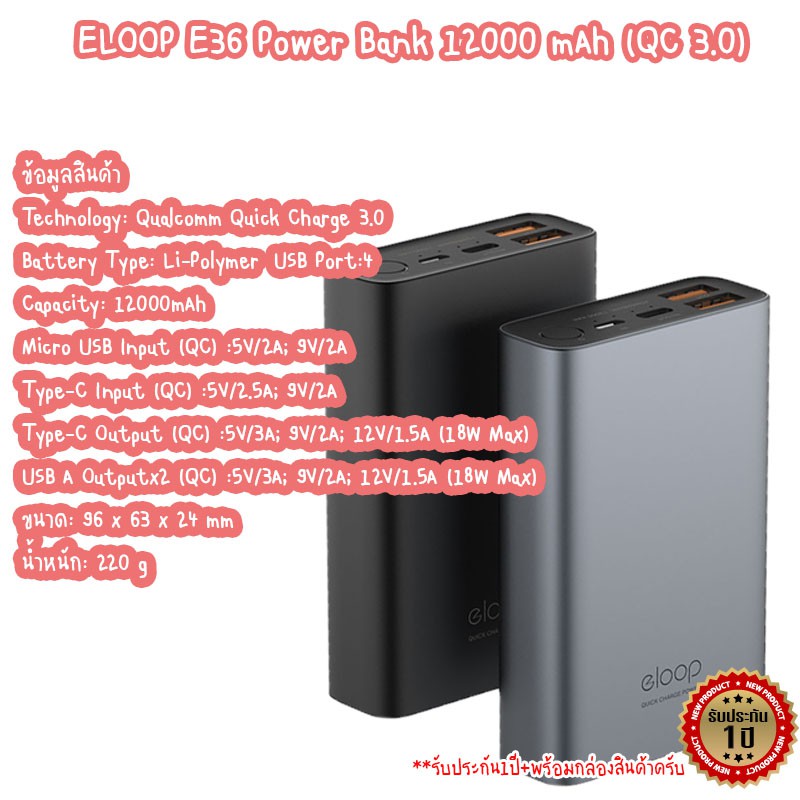 ELOOP Power bank รุ่น E36 12000mAh รับประกัน1ปี พร้อมกล่องครับ | Shopee Thailand