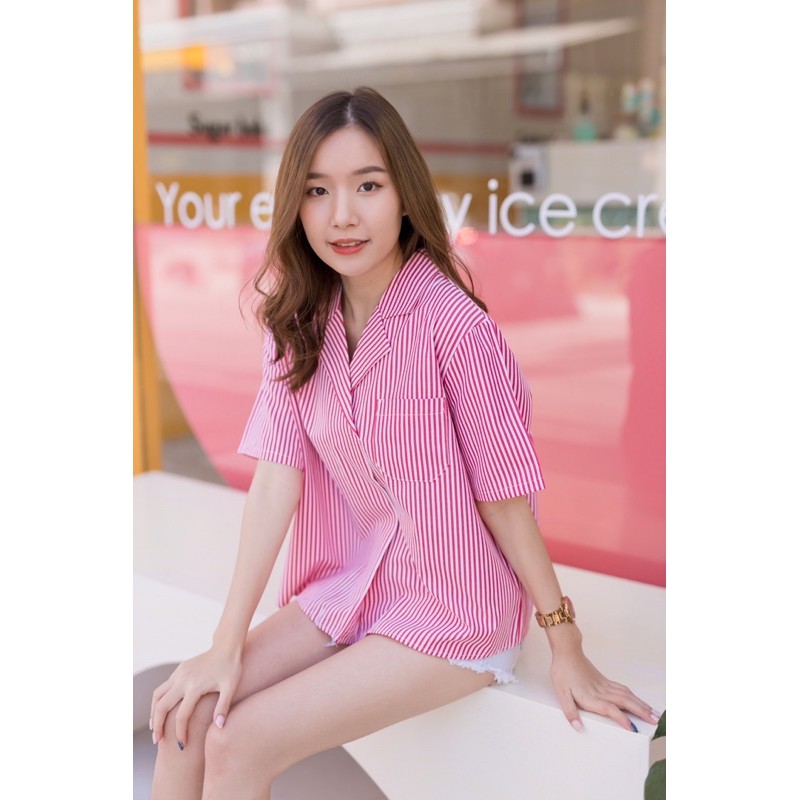 Numsha Brand เสื้อเชิ้ตแขนสั้นลายทางมีกระเป๋า / NB20133 | Shopee Thailand
