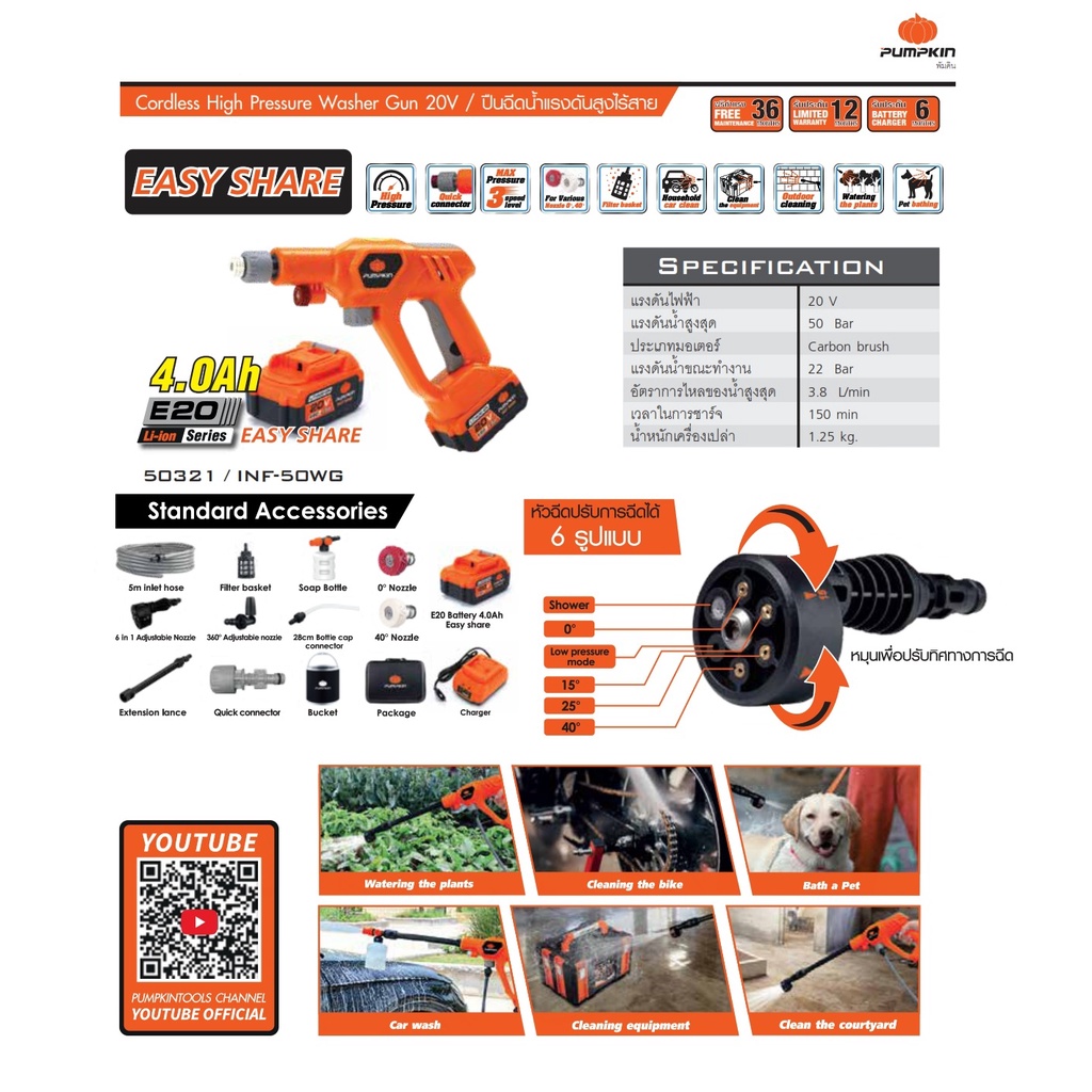 ปืนฉีดน้ำไร้สาย PUMPKIN รุ่น INF-50WG(50321) 50bar 20Vพร้อมแบต4.0Ah และ ...