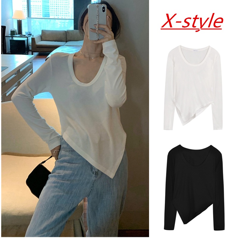 【WANG JIAO ZHAN】 เสื้อยืดแขนยาว คอกลม สีทึบ แฟชั่นผู้หญิง เซ็กซี่ ผิด ...