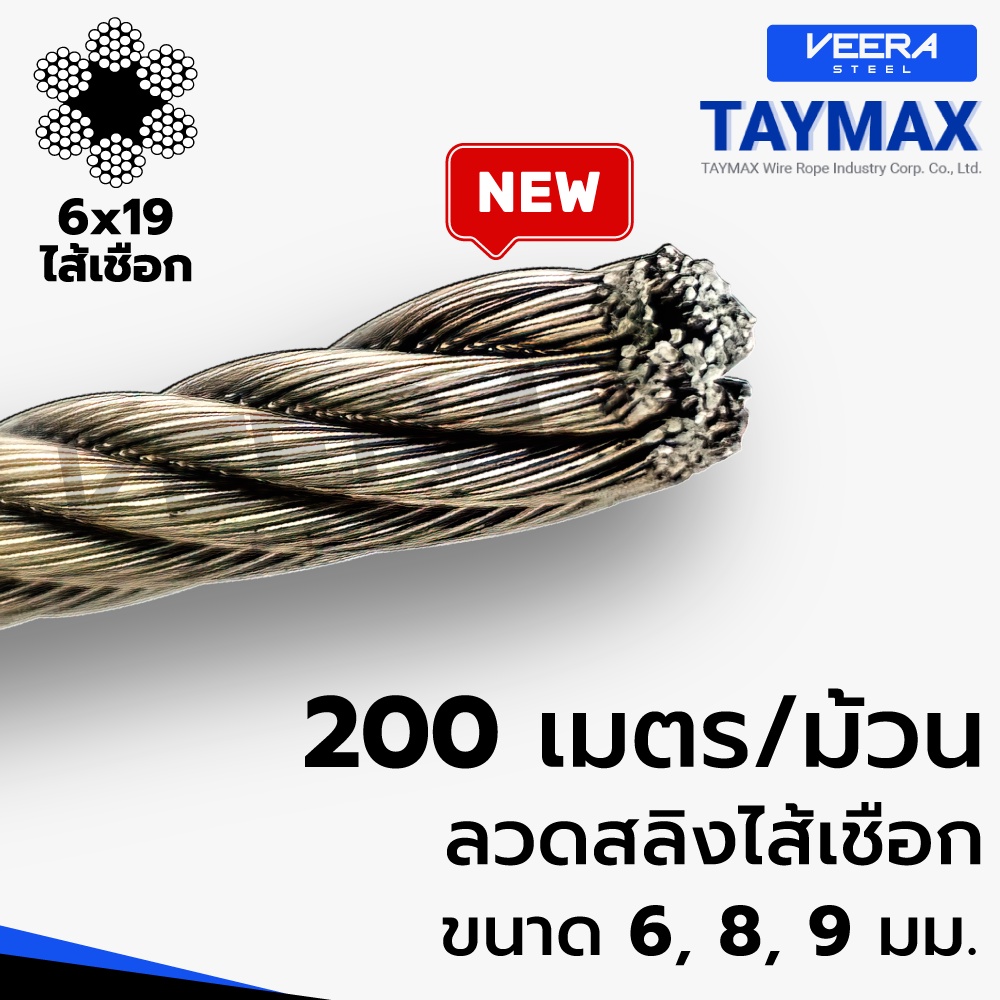 *จัดส่งเร็ว* คุ้ม‼️ แบบยกขด 200เมตร ลวดสลิงสังกะสี ไส้เชือก ขนาด 6,8,9 ...